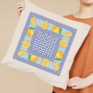 Greece Lemons Cross Stitch Pattern Pillow Embroidery Blue Tiles Lemon ...