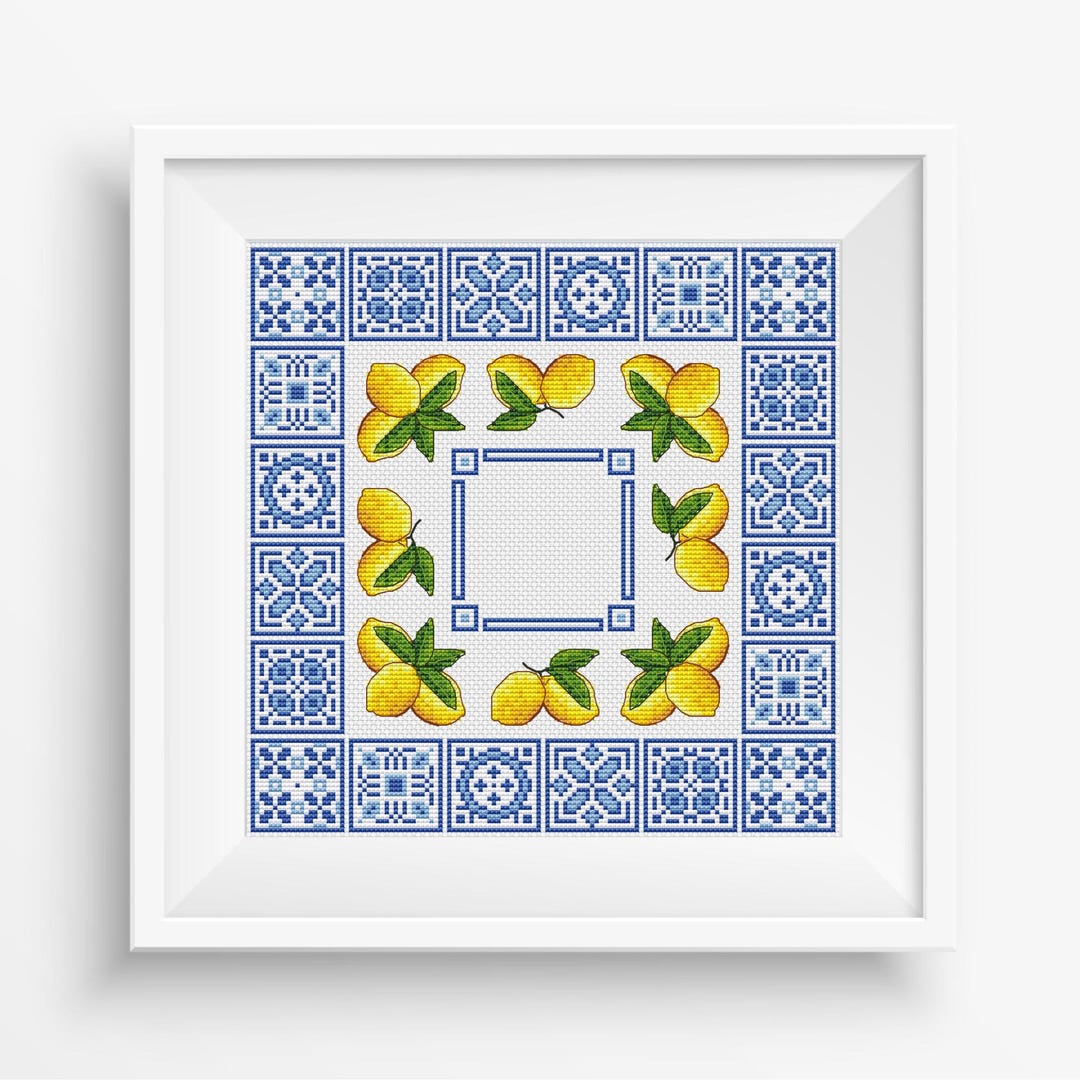 Mediterranean Lemon Tile Cross Stitch Pattern: Blue Yellow Embroidery ...
