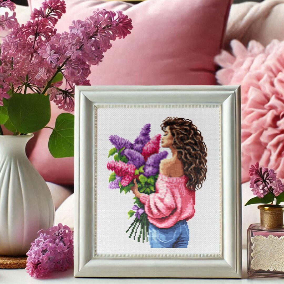 Girl With Lilacs Cross Stitch Pattern PDF+SAGA Spring Flowers Cross Stitch Easy Pattern Lilacs ...