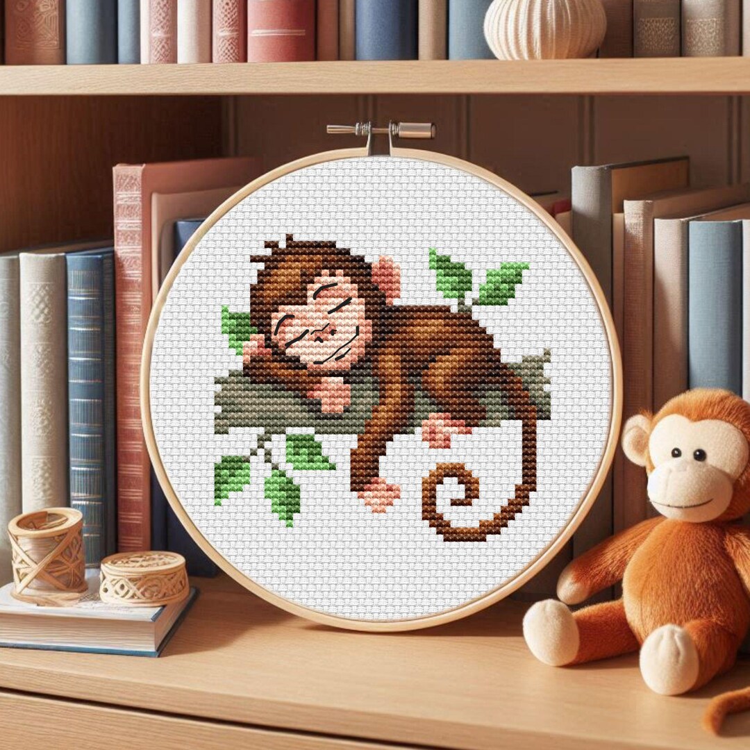 Sleeping Little Monkey Cross Stitch Pattern PDF+SAGA Nursery Embroidery Animal Cross Stitch Mini ...