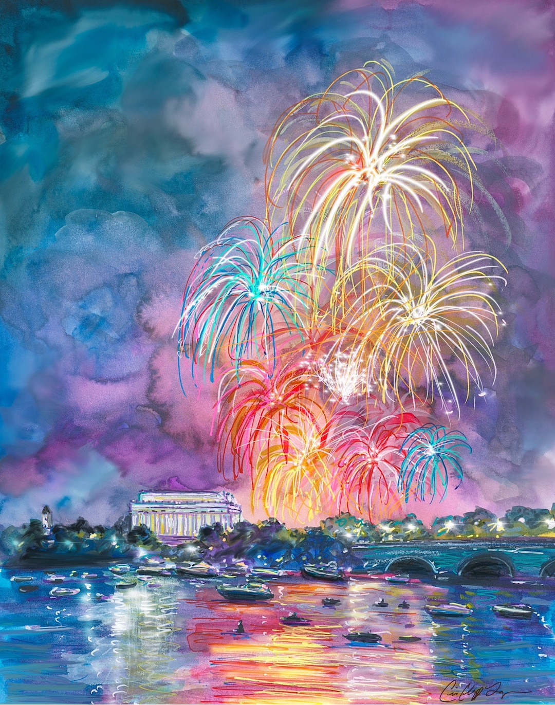 Gicleé Print of Fireworks and Over the Lincoln on the Potomac by Cris ...