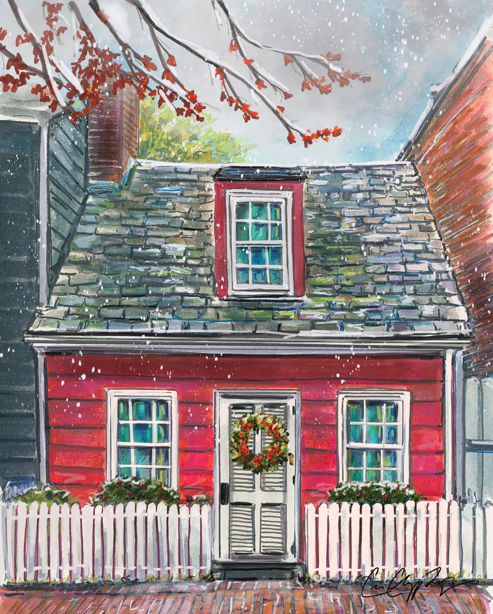 Little Red Georgetown DC Cottage in Snow Gicleé Print by Cris Clapp ...