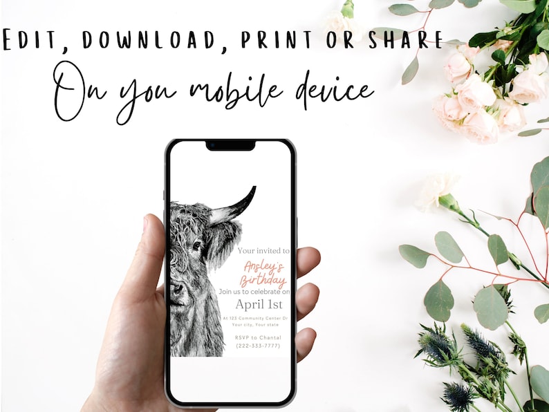 Highland Cow Birthday Invitation Cow Invite Farm Birthday Invitations ...