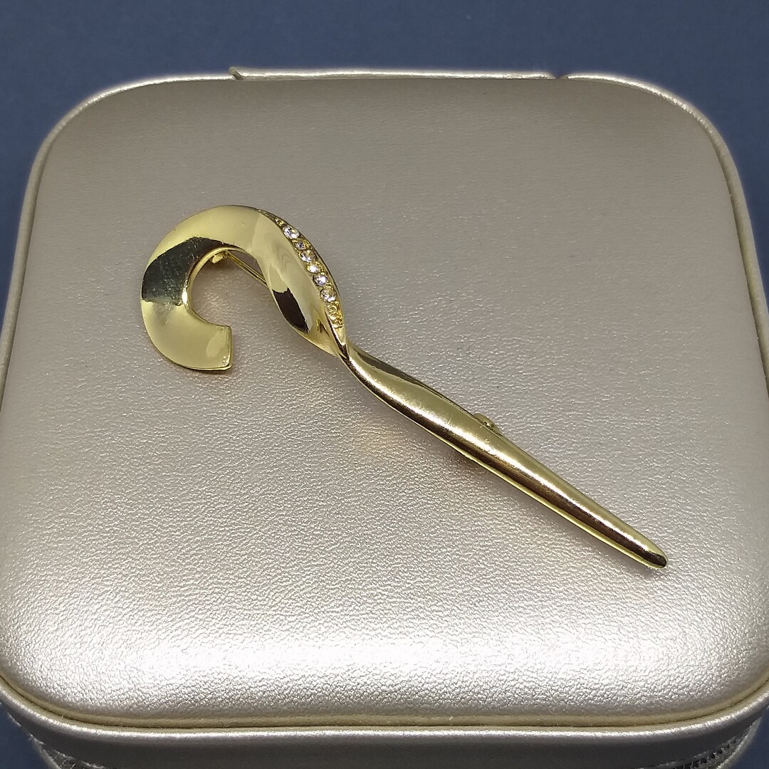 Gold Tone Question Mark Shaped Brooch With Clear Rhinestones Vintage ...