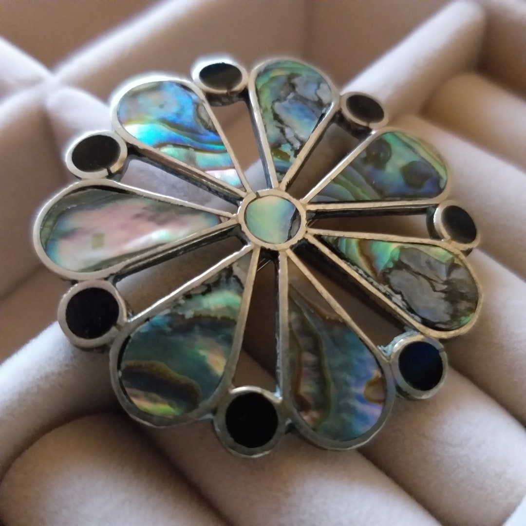 Abalone Shell Mexico Alpaca Silver Floral Brooch / Pendant Vintage - Etsy