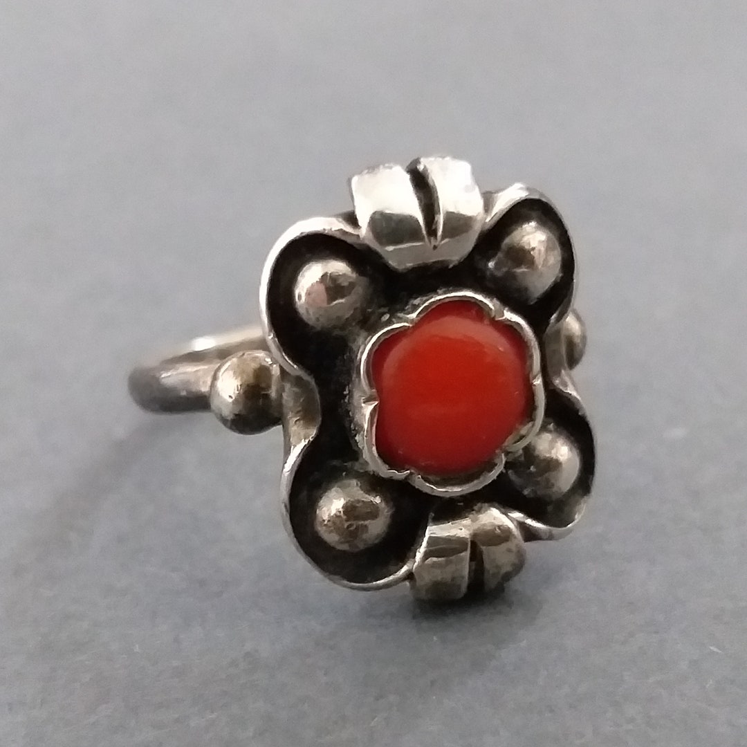 Silver 835 Ring With Red Coral, Vintage, Handmade, Size 6 - Etsy
