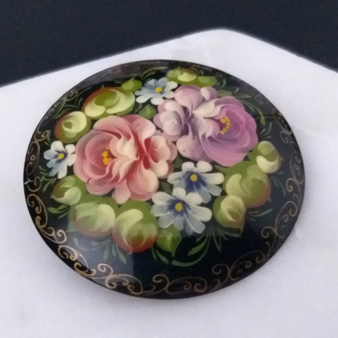 Floral Round Hand Painted Lacquer Brooch in Russian Style Vintage - Etsy