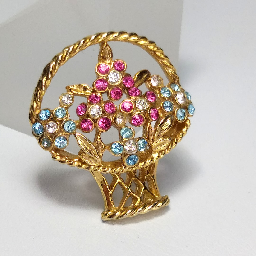 Flower Basket Brooch, Blue and Pink Rhinestone Basket Brooch, Gold Tone ...