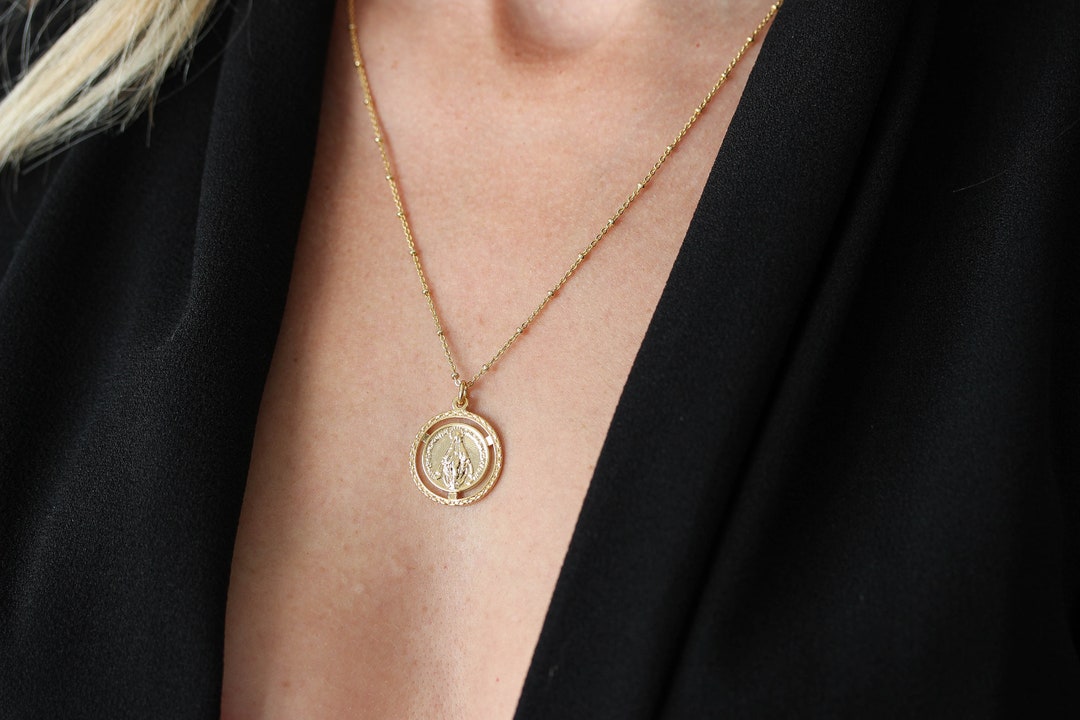 Virgin Mary Necklace Gold Coin Necklace. Religious Medallion Necklace ...
