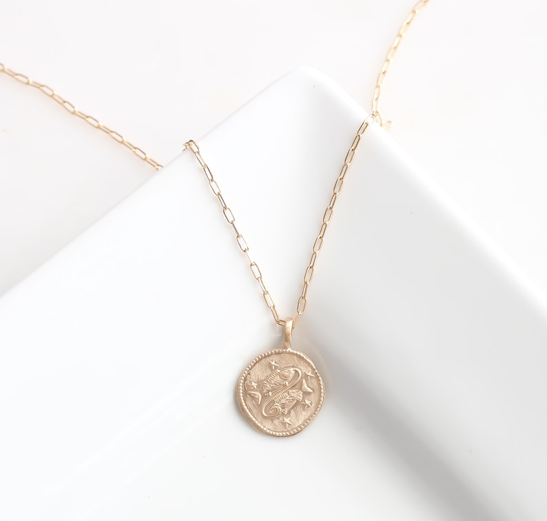 Zodiac Coin Necklace. Gold Dainty Astrology Pendant Sign - Etsy