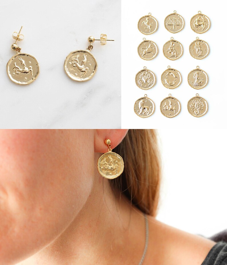 Zodiac Sign Earrings Gold Coin Dangle Mothers Day Gift. - Etsy