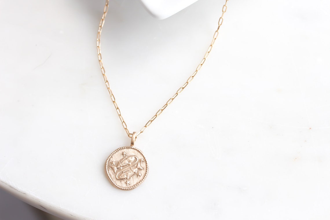 Zodiac Coin Necklace. Gold Dainty Astrology Pendant Sign - Etsy