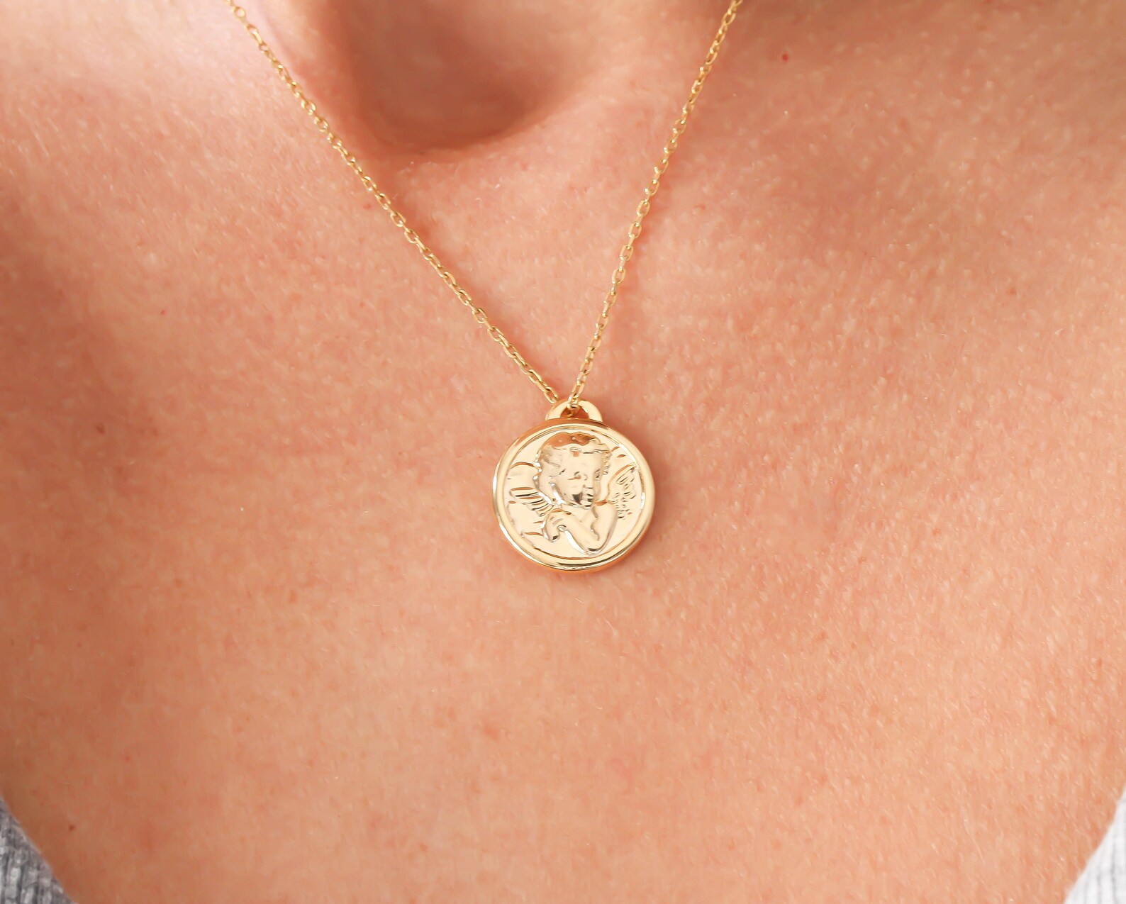 Gold Angel Necklace Guardian Angel. Gold Coin Necklace. | Etsy