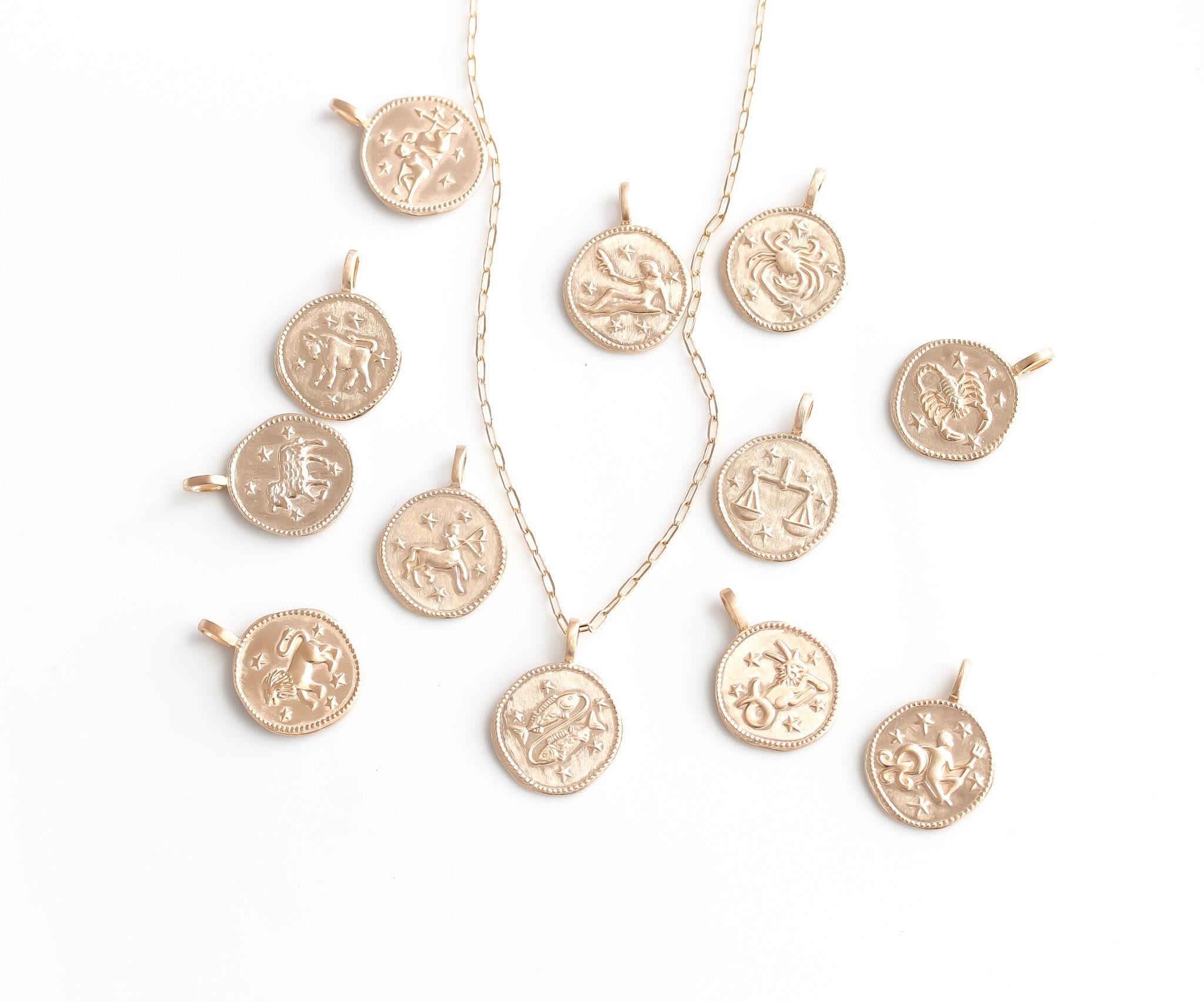 Zodiac Coin Necklace. Gold Dainty Astrology Pendant Sign - Etsy