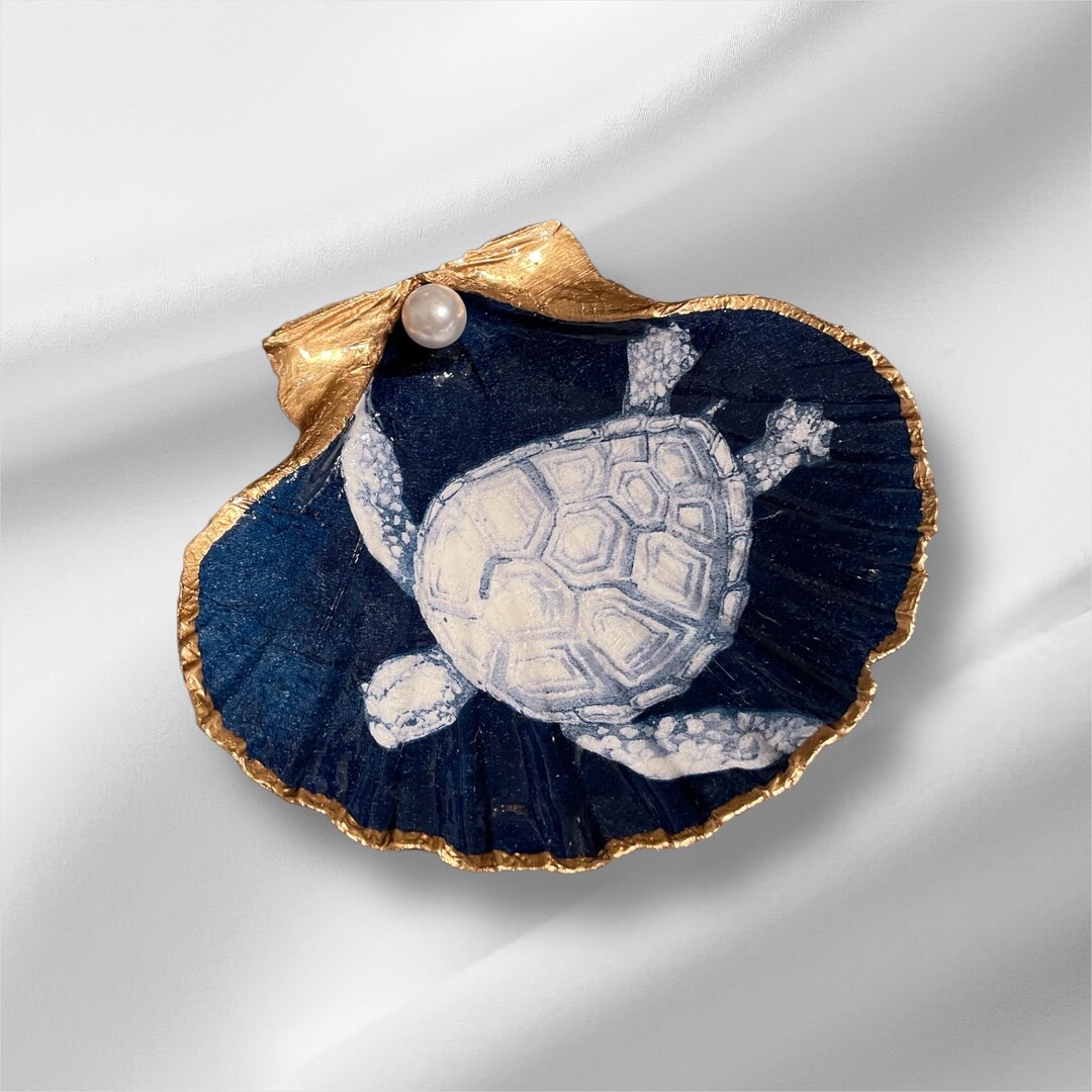 4” Turtle Navy Scallop Shell Jewelry Dish | Trinket Bowl | Decoupage ...