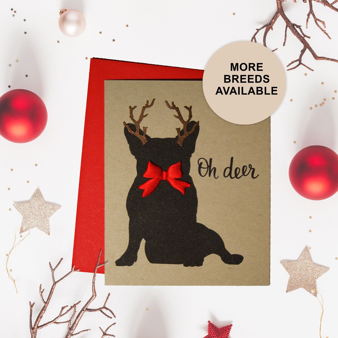 French Bulldog Christmas Card Dog Holiday Card Antlers Bow - Etsy