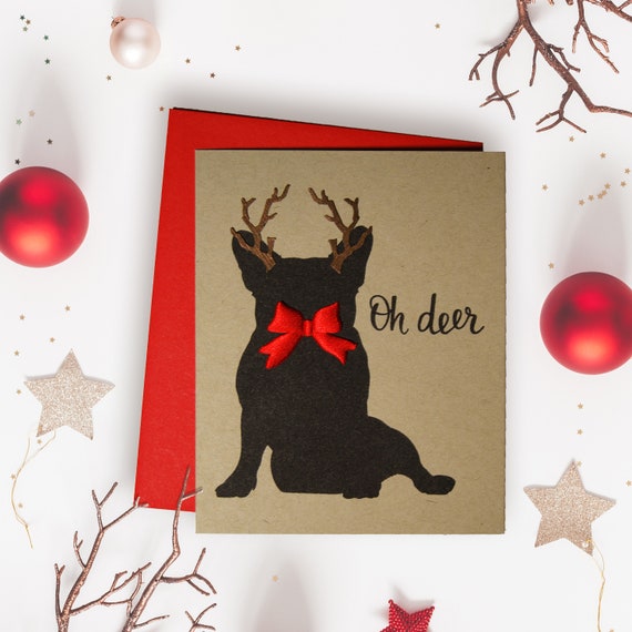 French Bulldog Christmas Card Dog Holiday Card Antlers Bow | Etsy