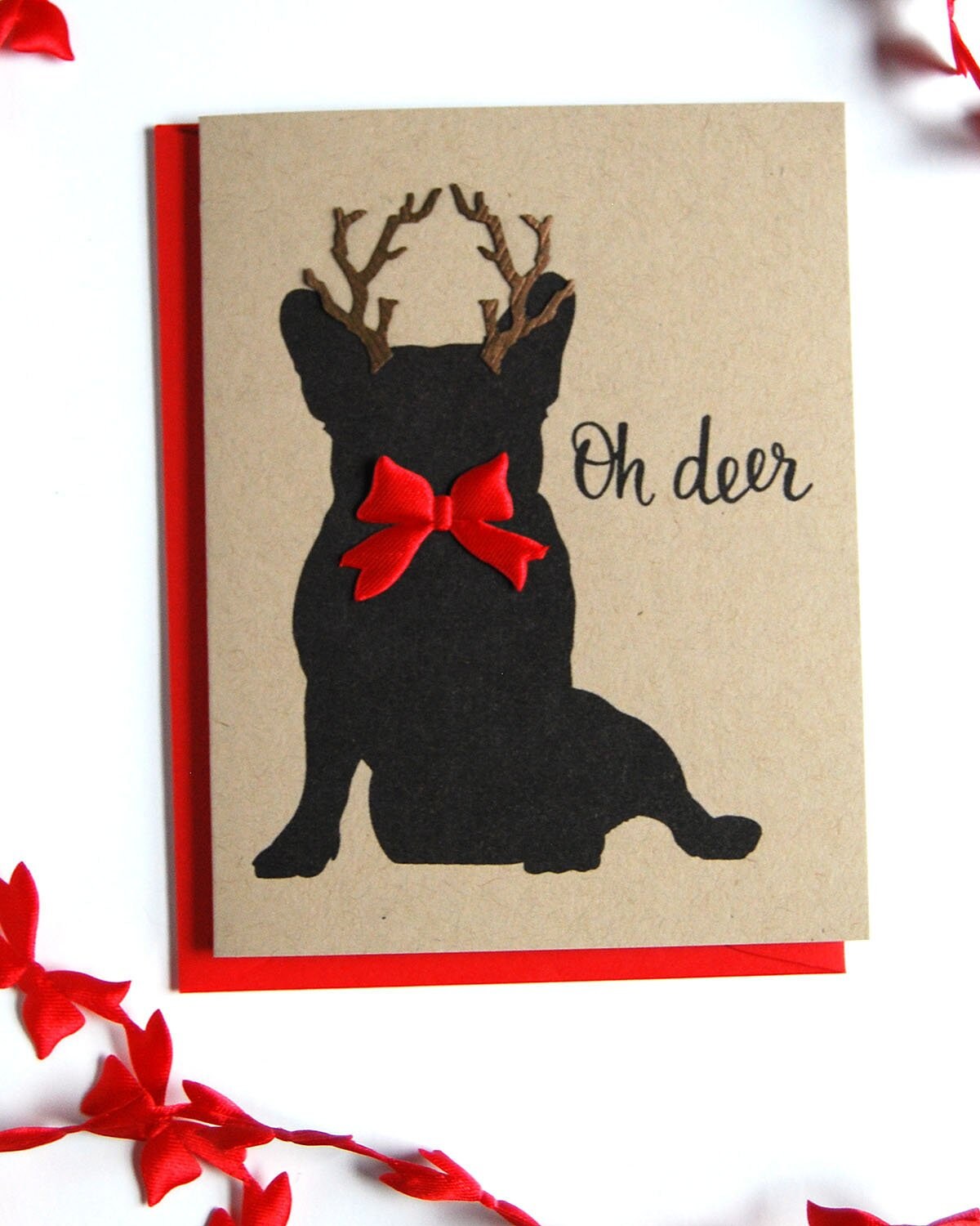 French Bulldog Christmas Card Dog Holiday Card Antlers Bow - Etsy
