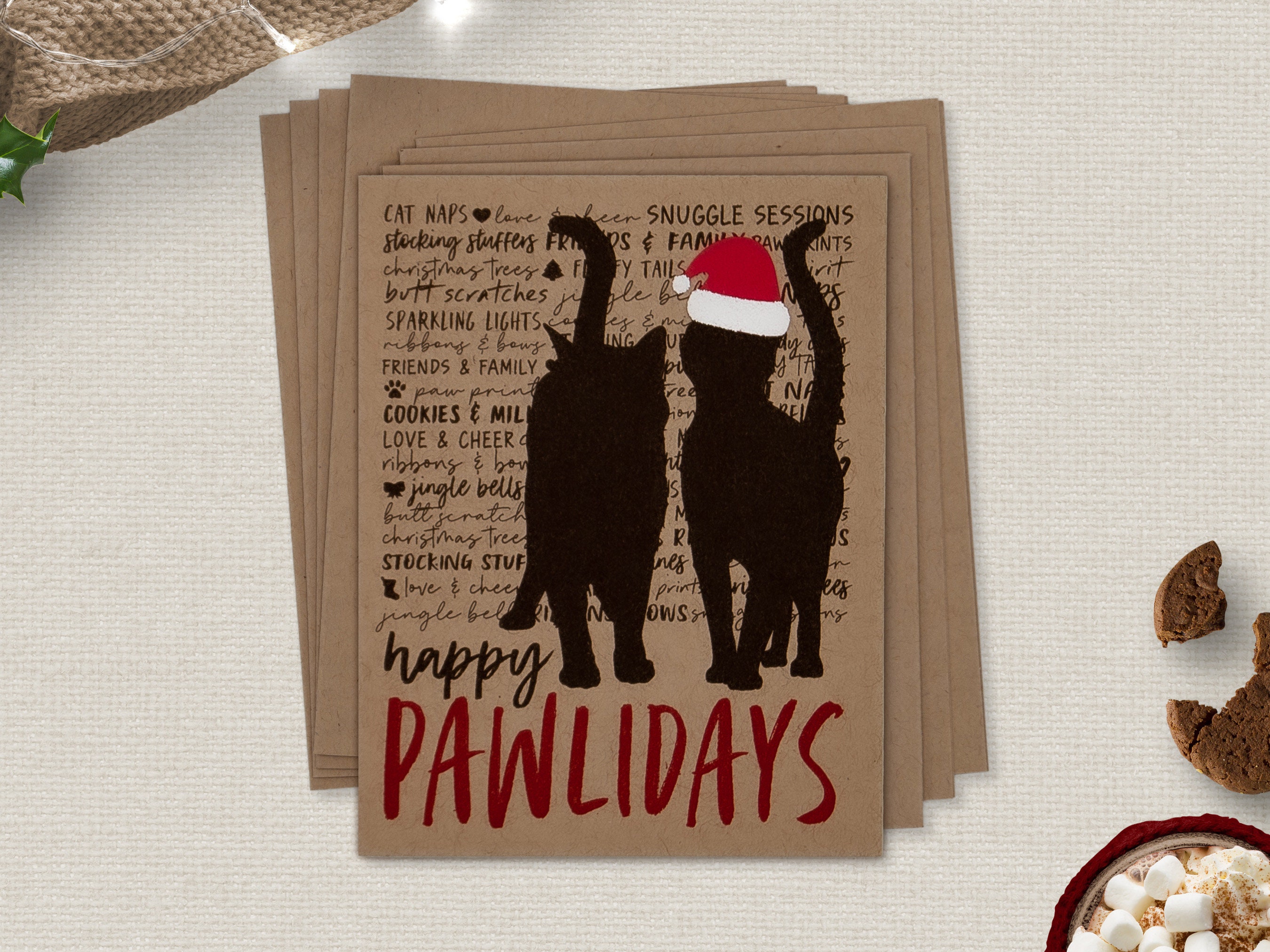 Two Cats Christmas Card, Cat Holiday Card, Santa Hat, Pawlidays, Single ...