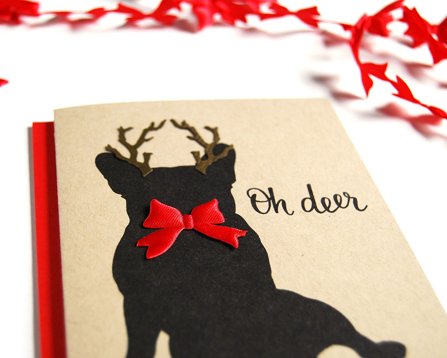 French Bulldog Christmas Card Dog Holiday Card Antlers Bow - Etsy