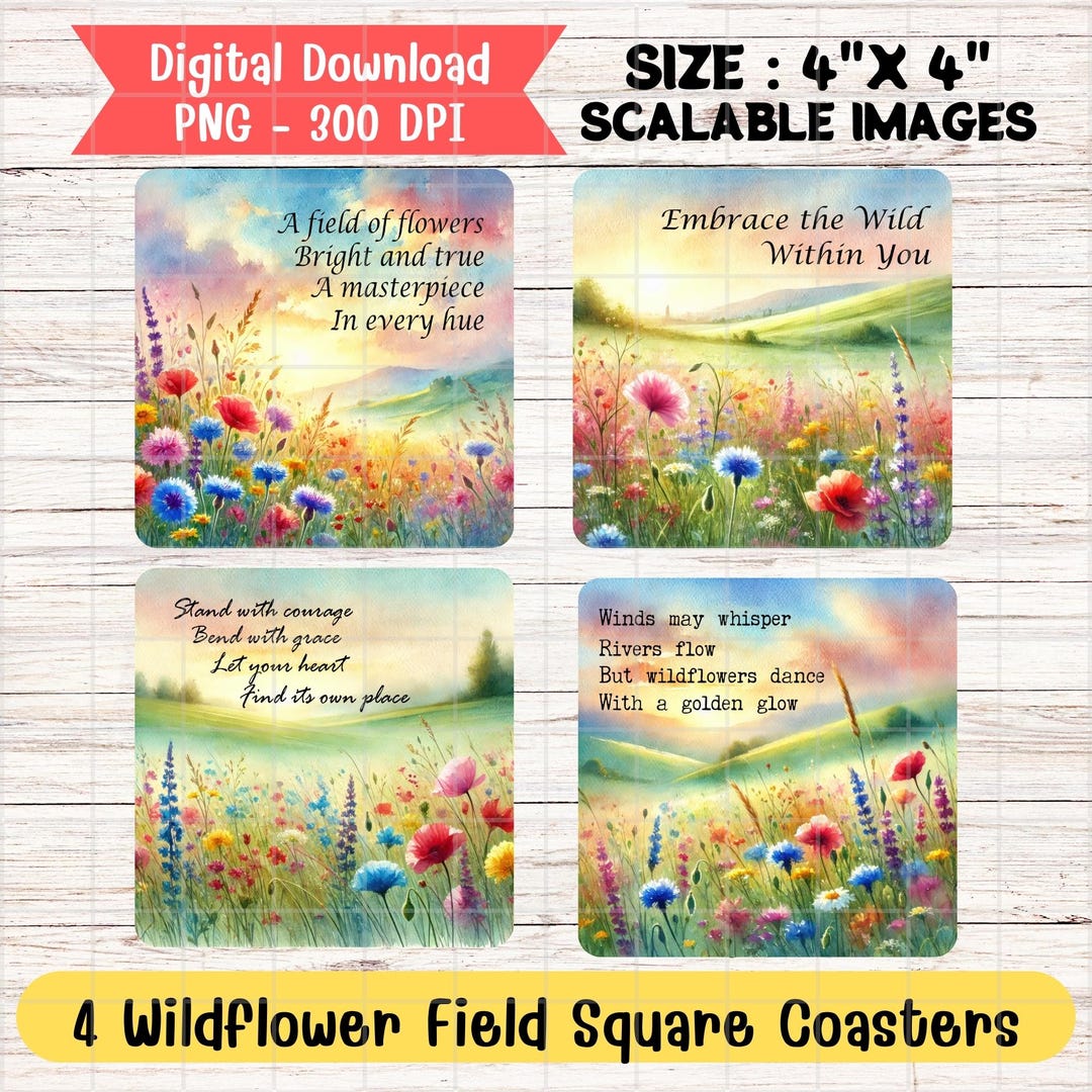 Wildflower Field Inspirational Quotes Square Coasters, Bundle of 4 PNG ...