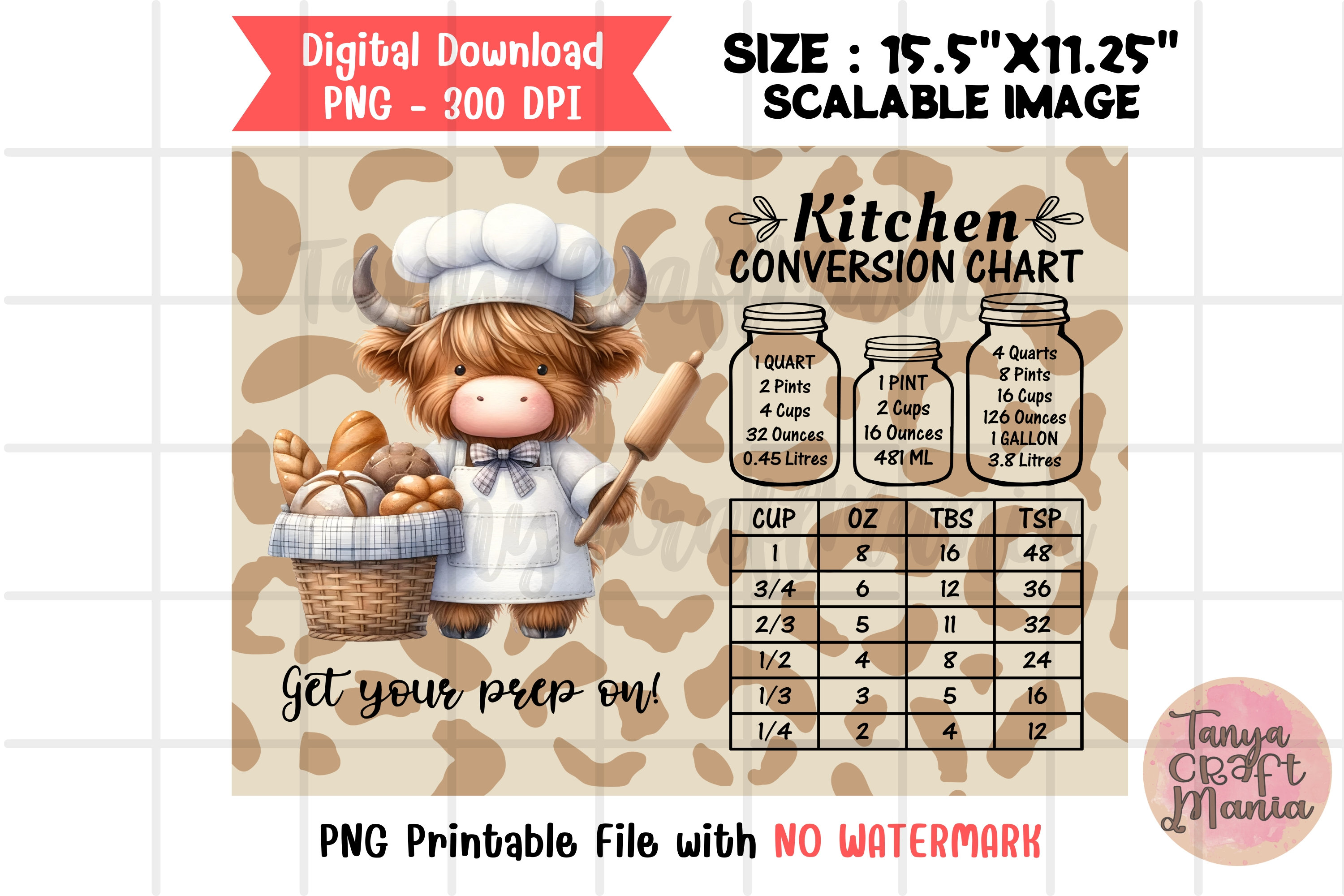 Highland Cow Chef Cutting Board Design: Kitchen Conversion Chart (PNG ...