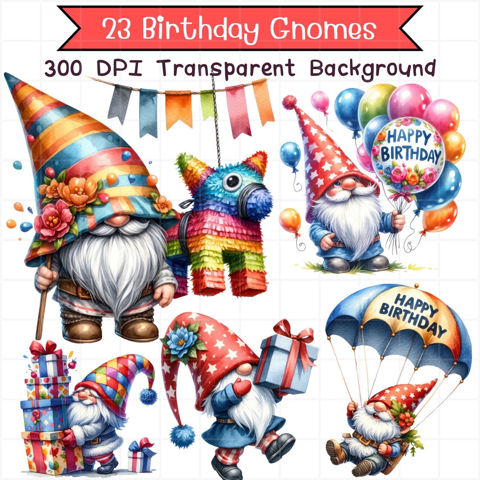 Watercolor Birthday Gnomes Clipart Bundle: Whimsical PNG Sublimation ...