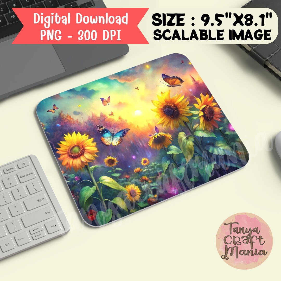 Sunflower Butterfly Mouse Pad PNG Sublimation Design, Glowing Sky ...
