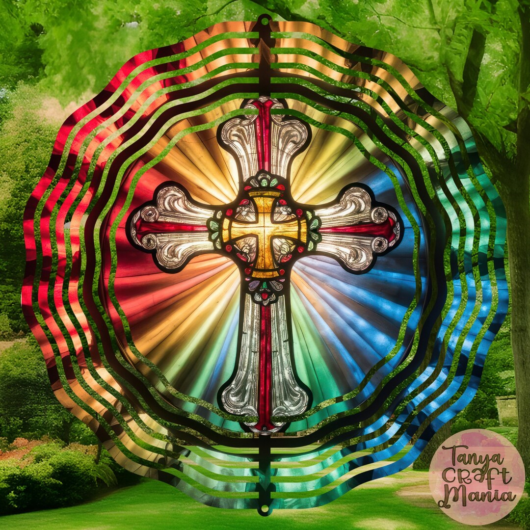 Cross Wind Spinner PNG, Colorful Stained Glass Cross Wind Spinner ...