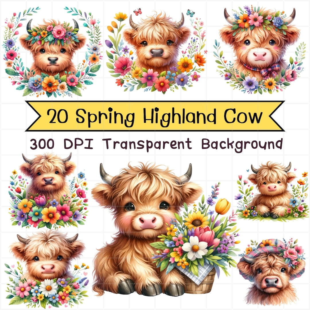 Watercolor Cute Baby Highland Cow Clipart Bundle, Spring Highland Cow ...