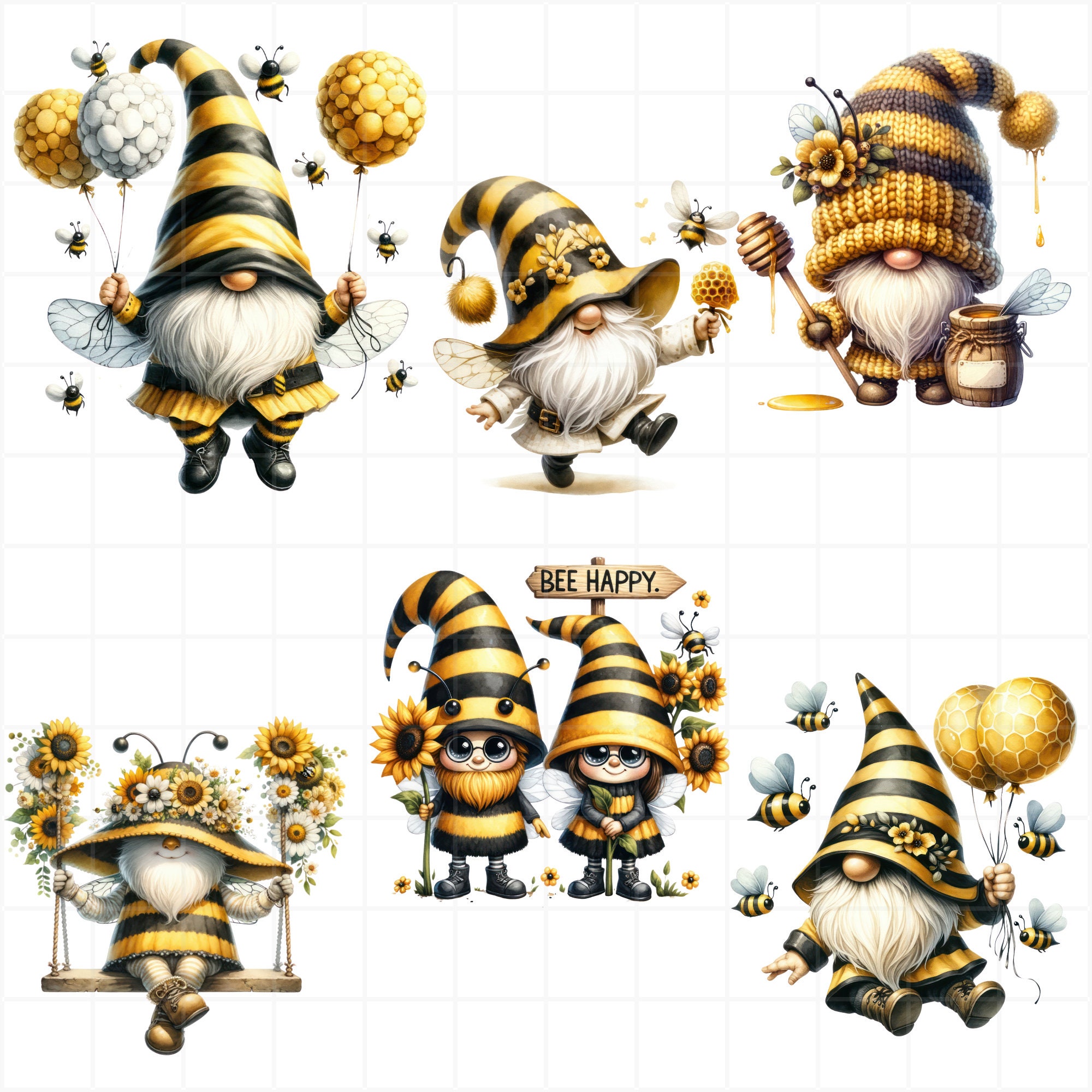 Watercolor Bumble Bee Gnomes Clipart Bundle, Honey Bee Gnomes Png, Cute ...