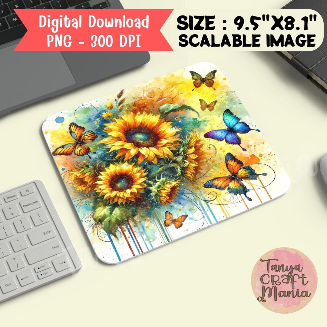 Watercolor Sunflower Butterfly Mouse Pad PNG Sublimation Design ...