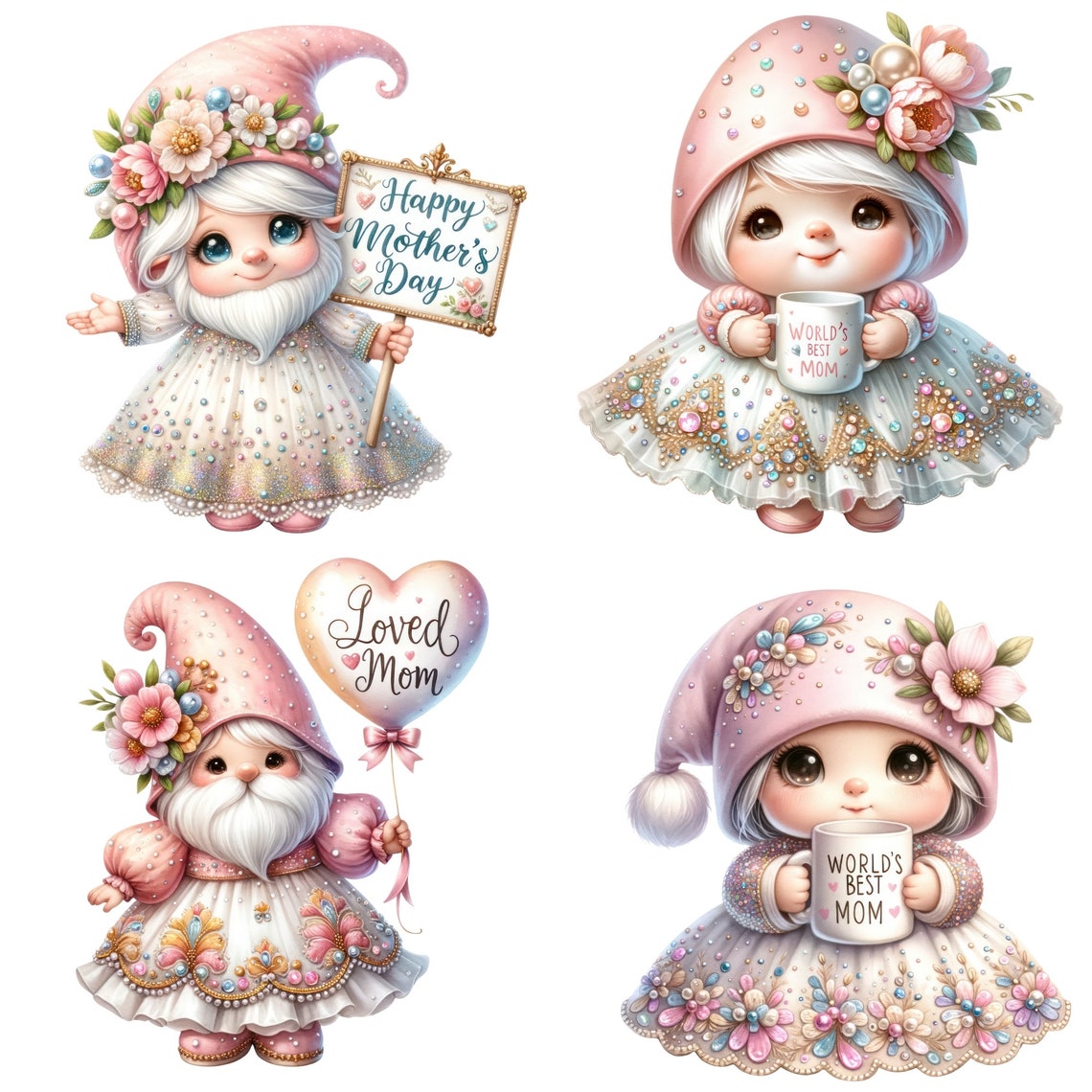 Watercolor Mother's Day Gnomes Clipart Bundle, Mother's Day Decoration ...