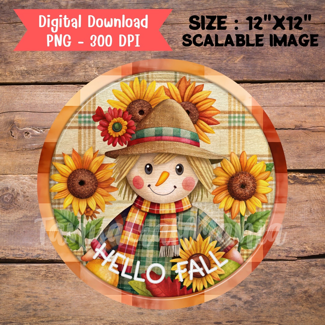 Hello Fall Scarecrow Door Hanger, Round Png Sublimation Design, Fall ...