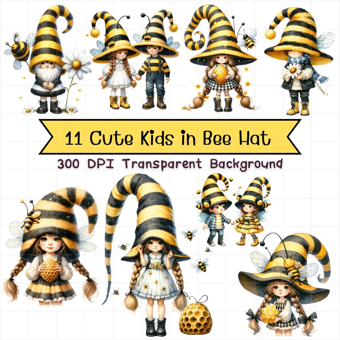 Watercolor Cute Kids in Gnome Bee Hat Clipart Bundle, Bee Girl Png ...