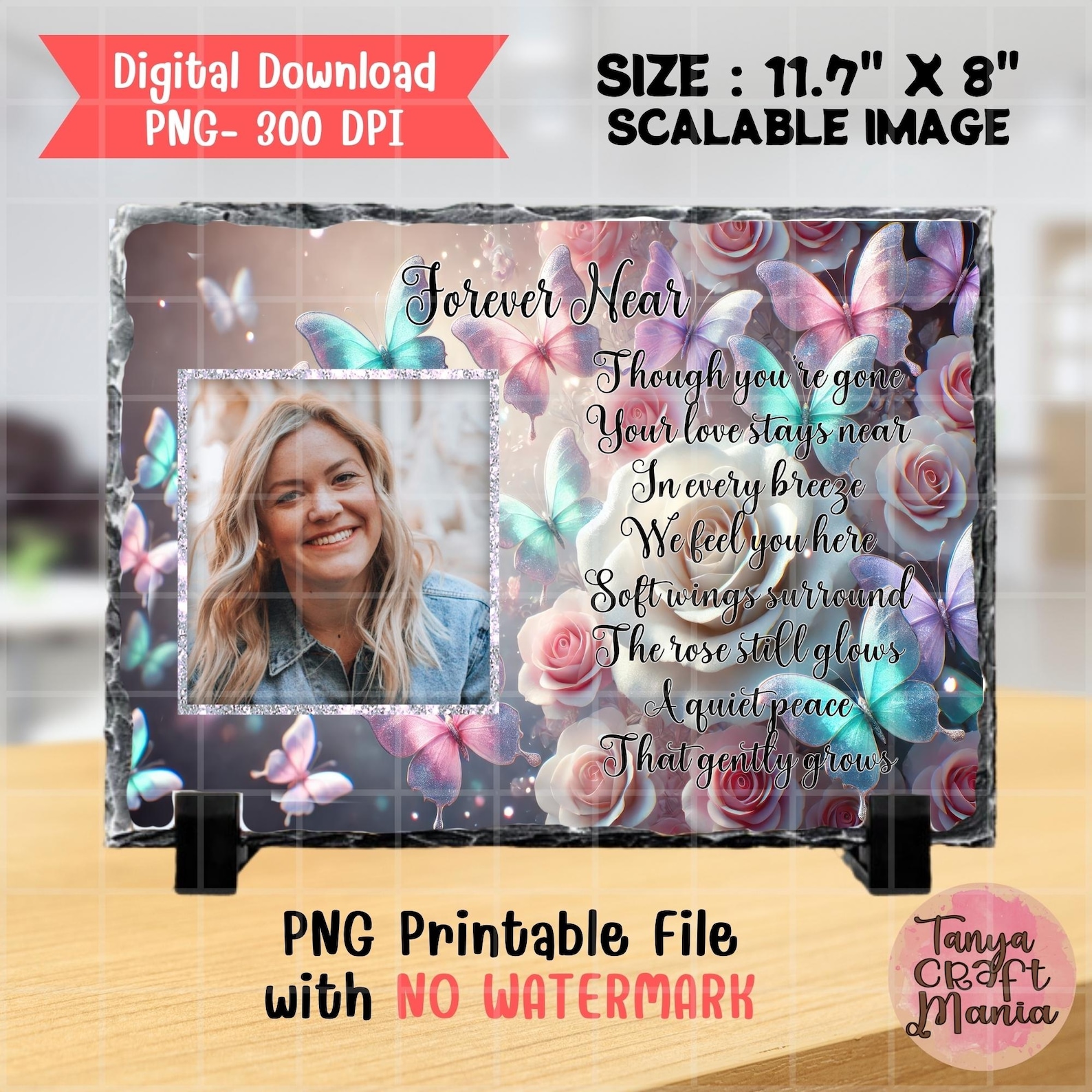 Memorial Slate Sublimation Template: Photo & Poem, Butterfly Rose ...