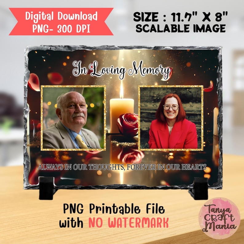 Memorial Slate Sublimation Design: Candle Rose Photo Tribute (digital ...