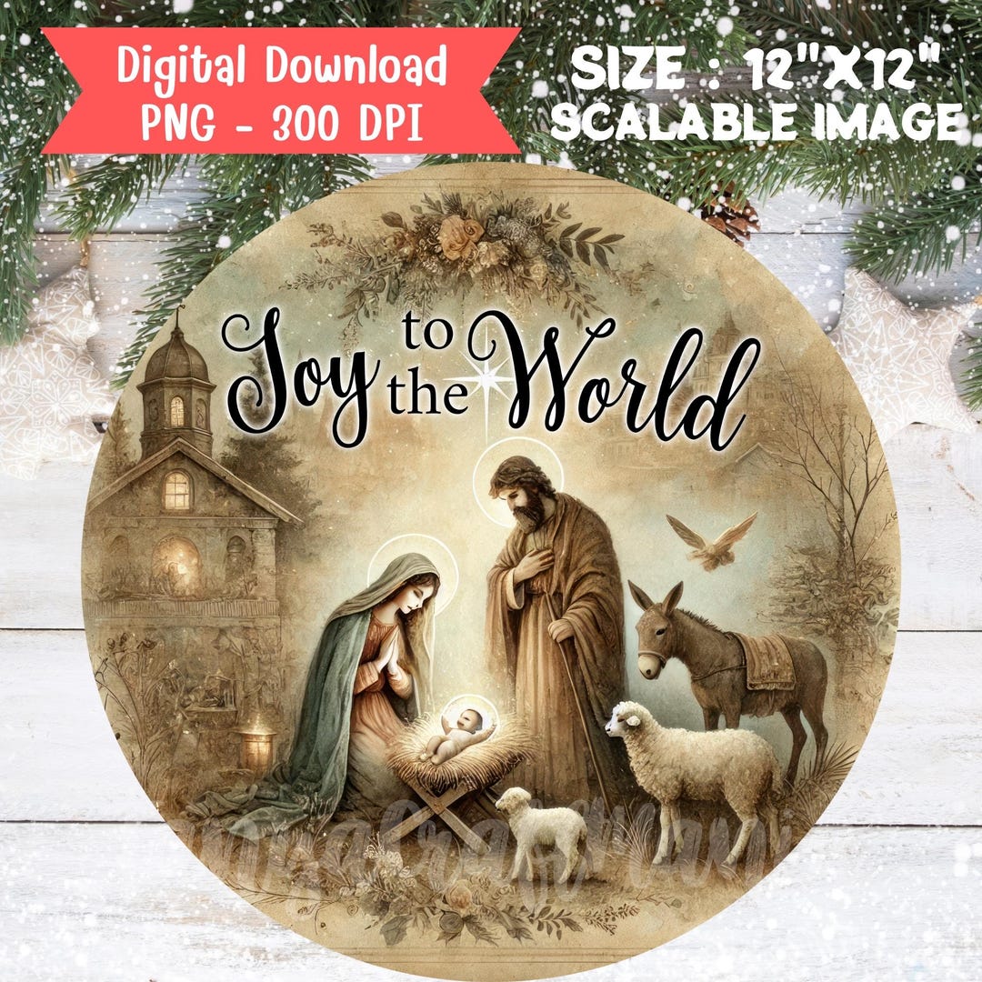 Vintage Nativity Scene Round Sign, Christmas Wreath Design (PNG) - Etsy