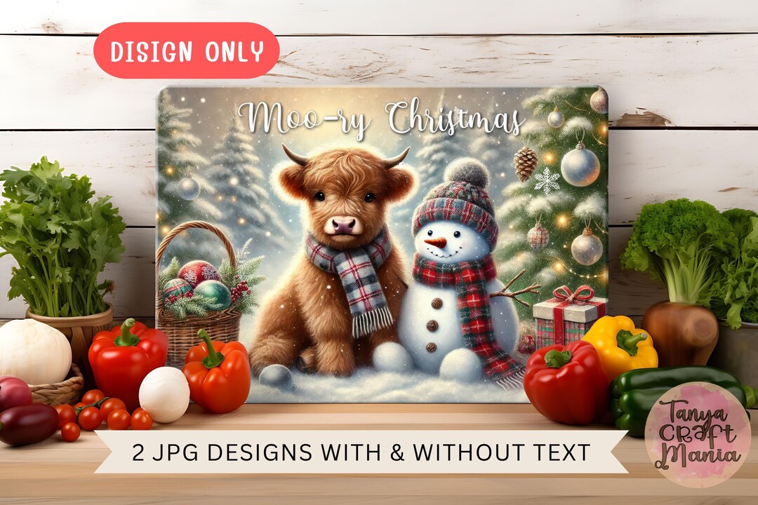 Highland Cow Snowman Cutting Board Sublimation Design – With & Without ...