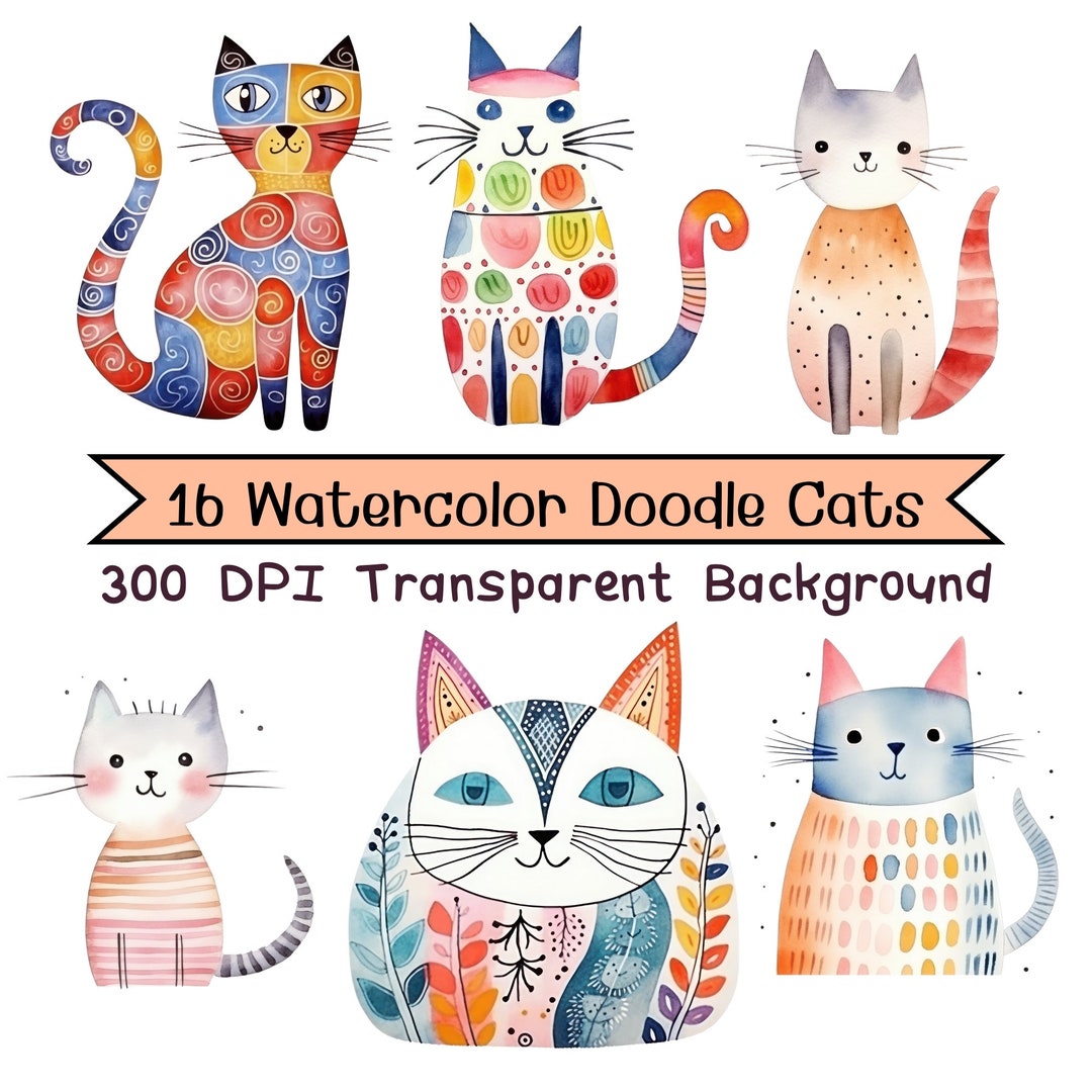Watercolor Doodle Cats Clipart, Cute Minimal Cats PNG, Minimal Style ...
