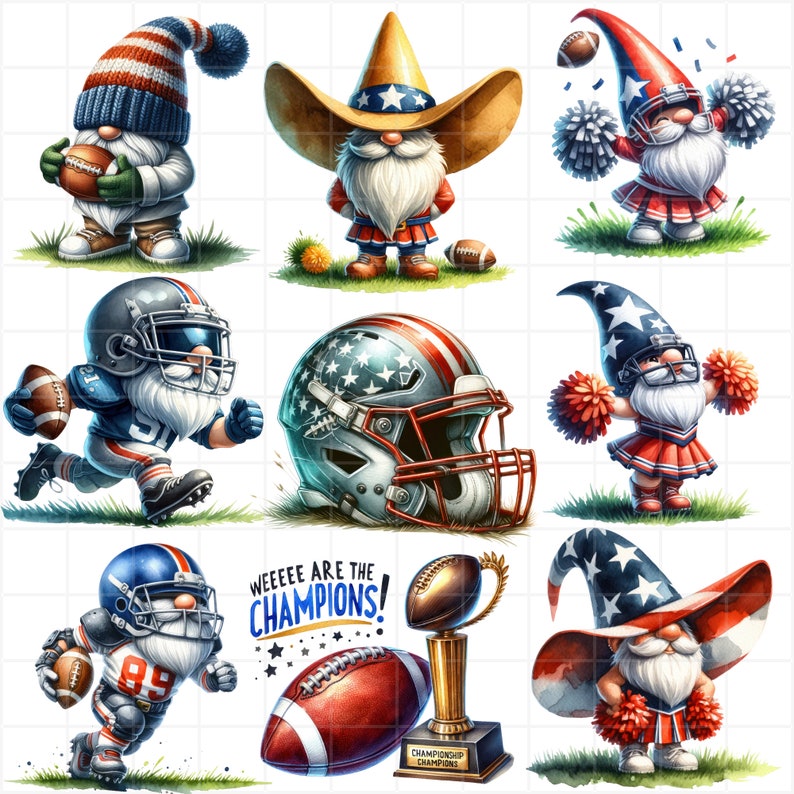 Watercolor American Football Gnomes Clipart Bundle, Football Gnomes PNG ...