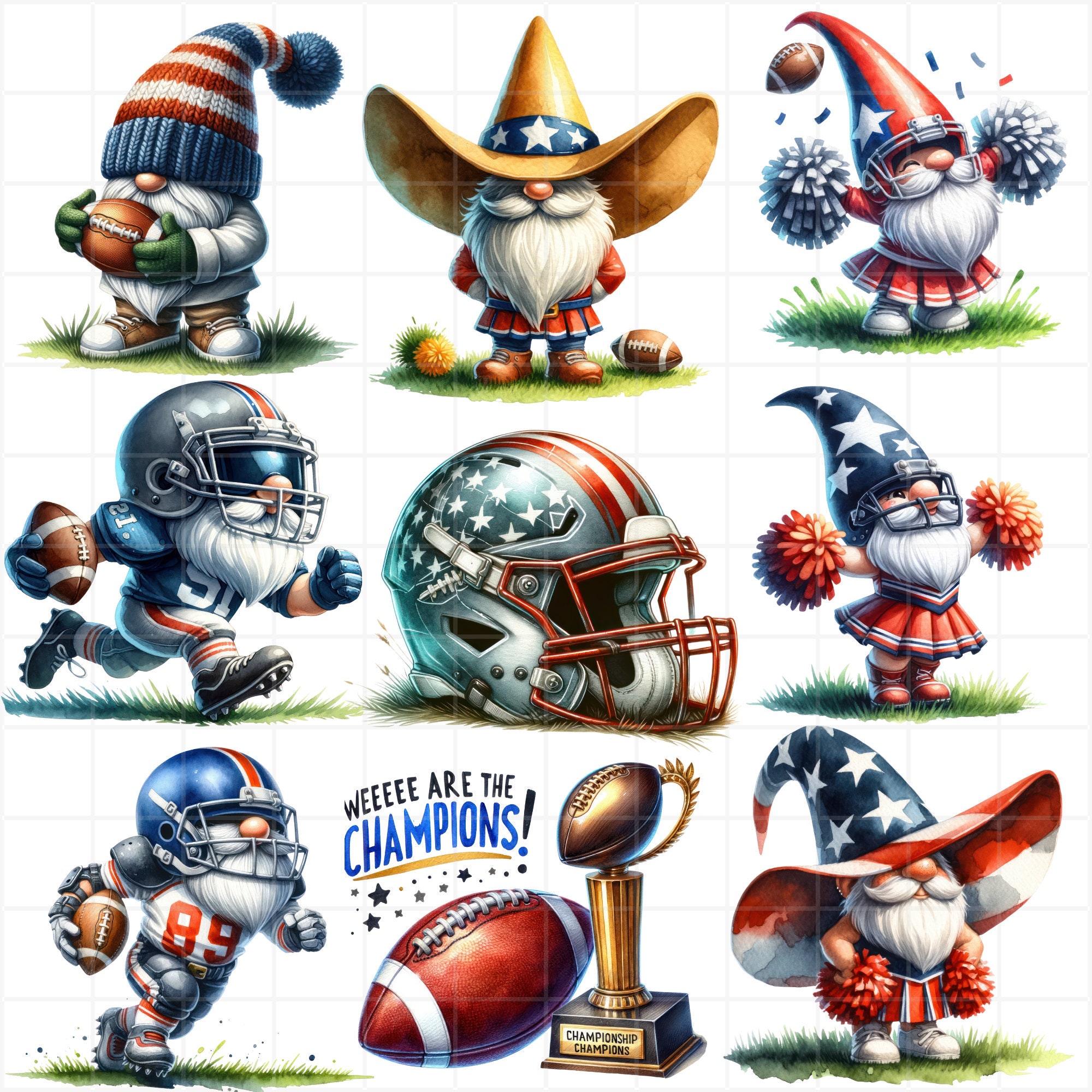 Watercolor American Football Gnomes Clipart Bundle, Football Gnomes PNG ...