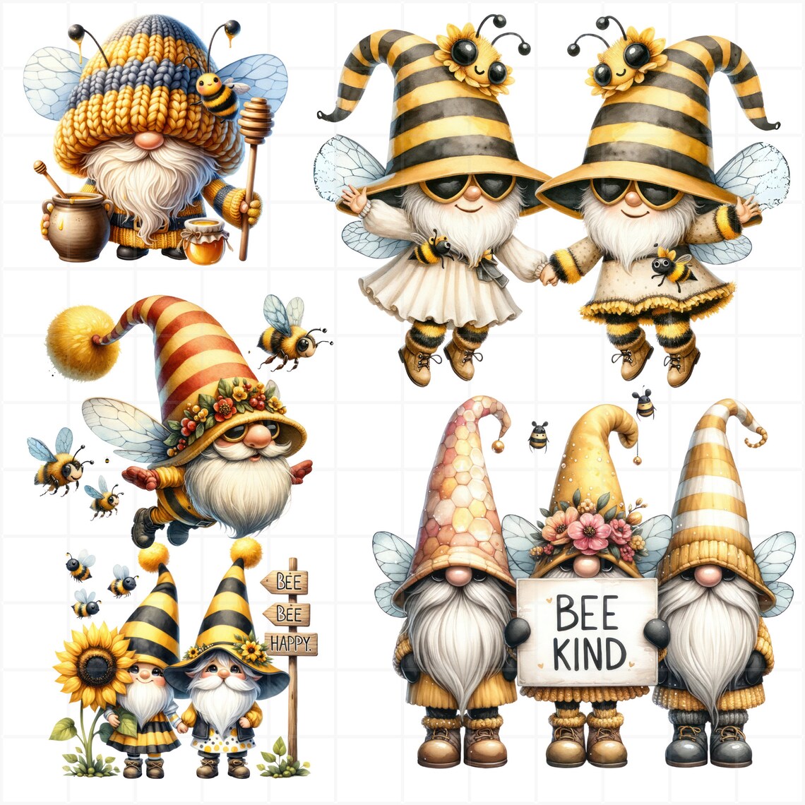 Watercolor Bumble Bee Gnomes Clipart Bundle, Honey Bee Gnomes Png, Cute ...