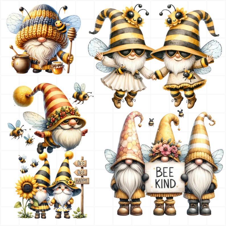 Watercolor Bumble Bee Gnomes Clipart Bundle, Honey Bee Gnomes Png, Cute ...