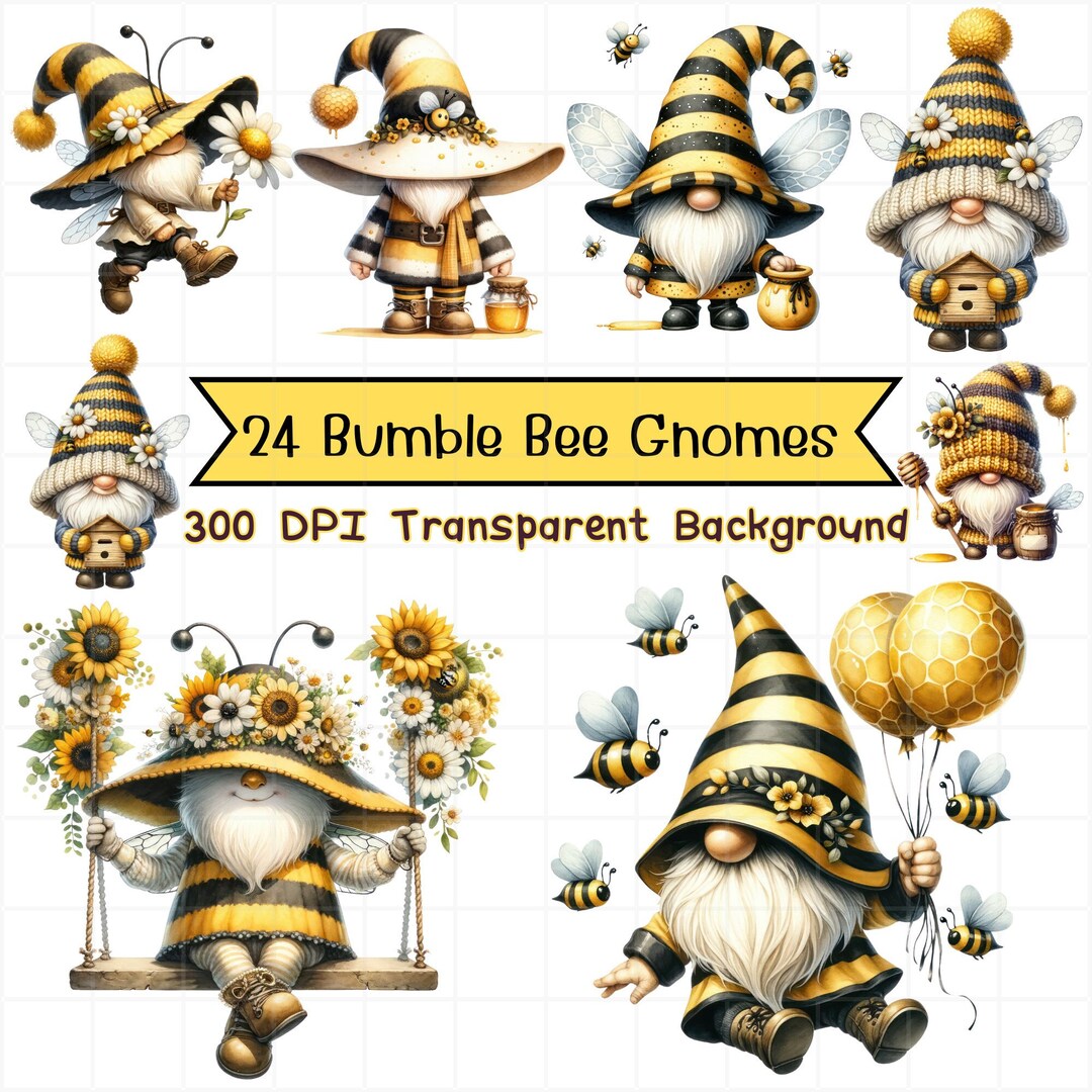 Watercolor Bumble Bee Gnomes Clipart Bundle, Honey Bee Gnomes Png, Cute ...