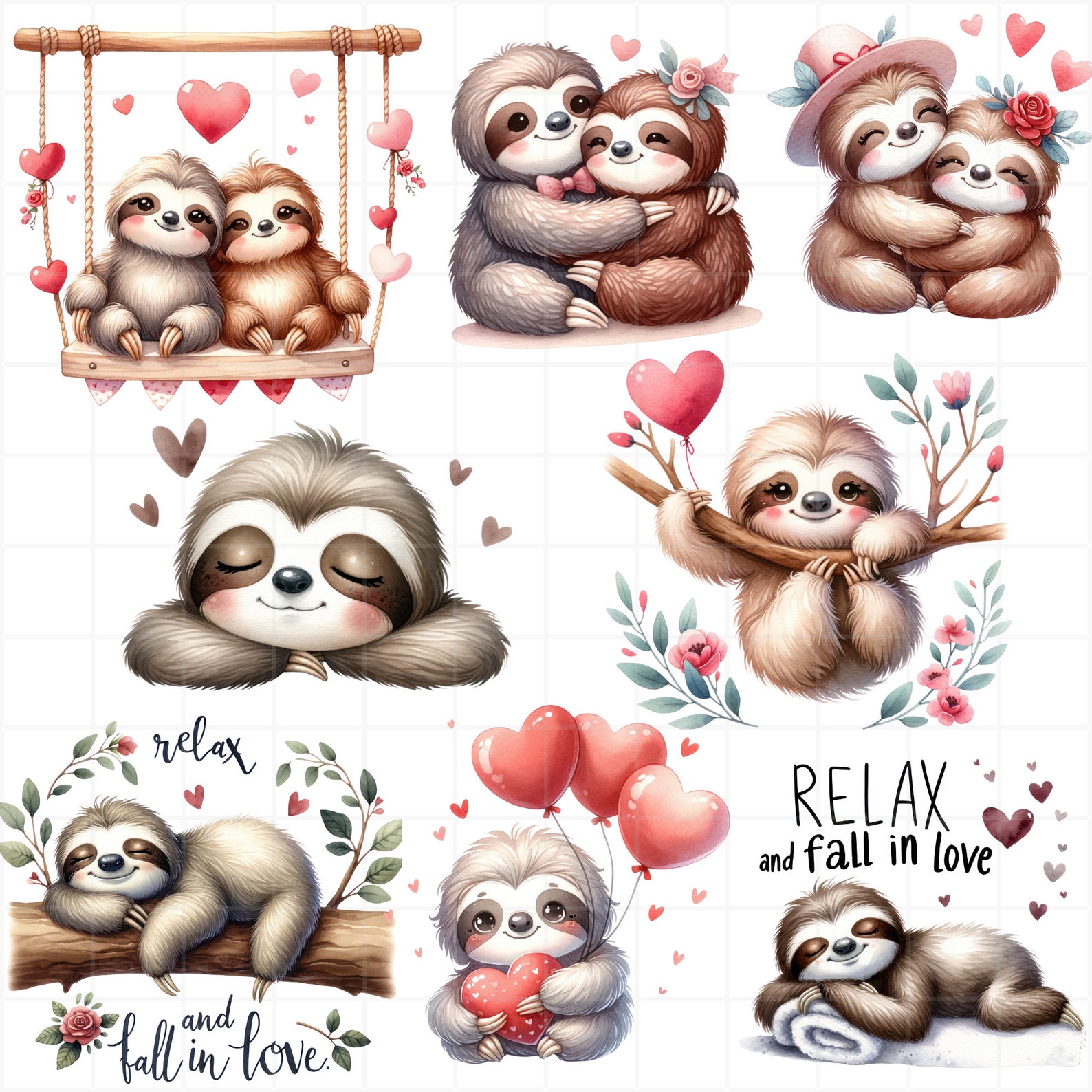 Watercolor Valentine Sloths Clipart Bundle, Valentines Day Clipart PNG ...