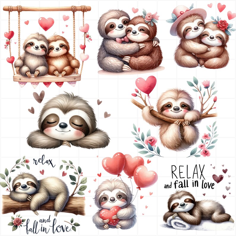 Watercolor Valentine Sloths Clipart Bundle, Valentines Day Clipart PNG ...
