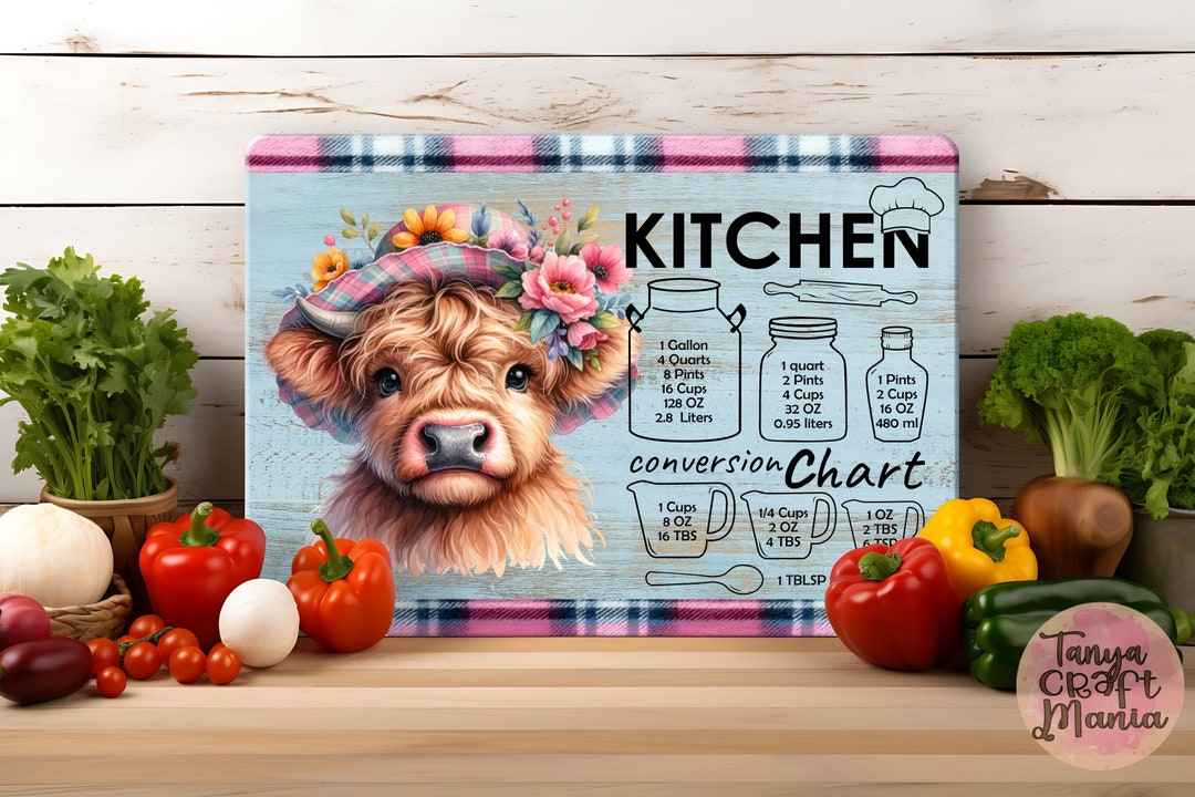 Highland Cow Plaid Kitchen Conversion Chart: Glass Cutting Board Design ...