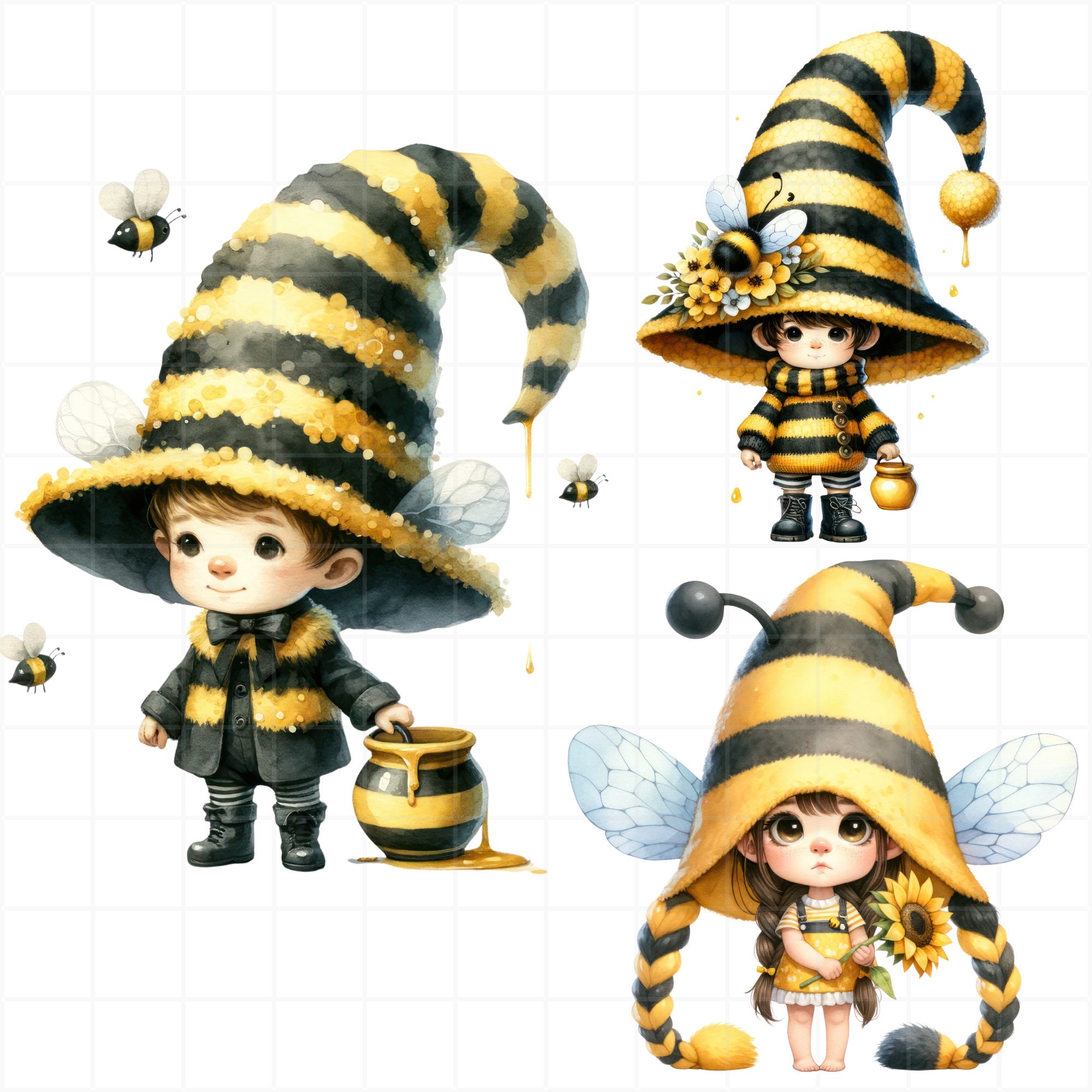 Watercolor Cute Kids in Gnome Bee Hat Clipart Bundle, Bee Girl Png ...