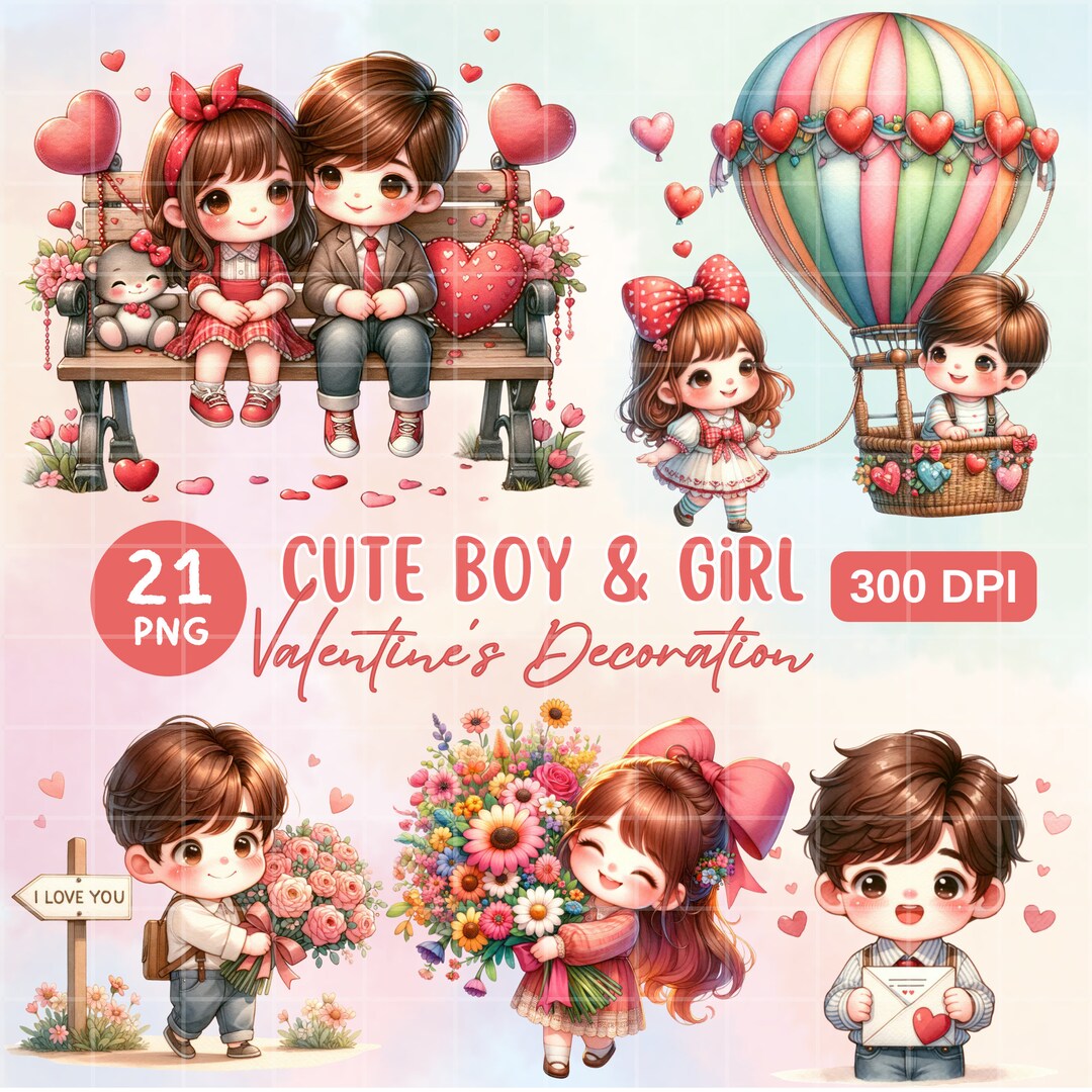 Watercolor Cute Kids Valentines Bundle, Valentines Day Kids Clipart ...